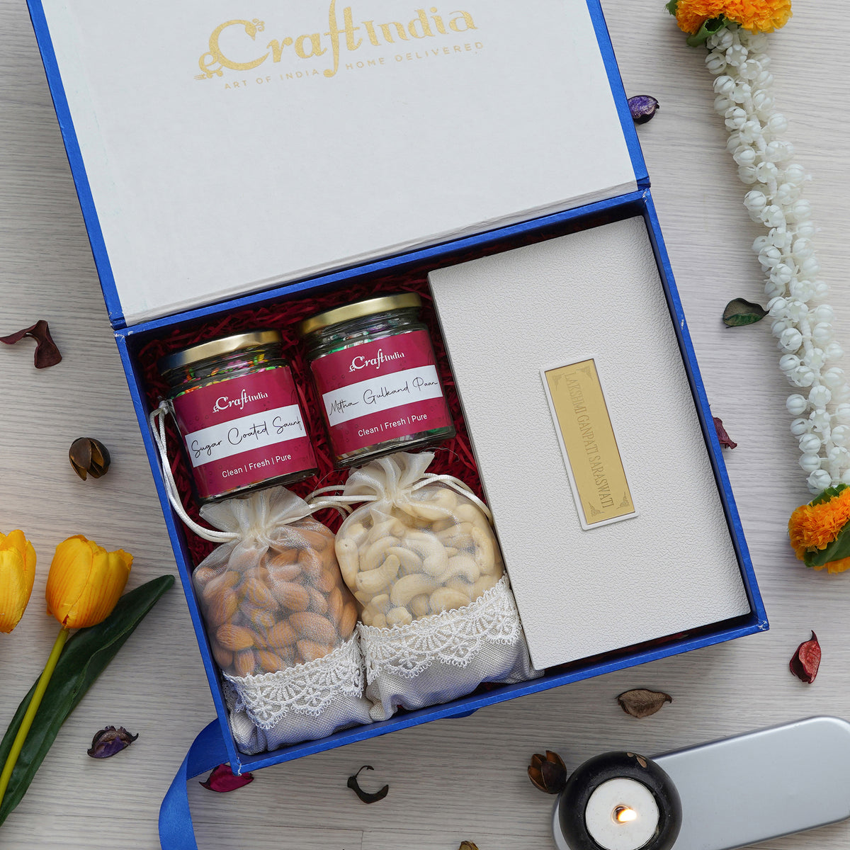 eCraftIndia Giftastic Box Hamper - 2 Potlis of Cashews, Almonds Dry Fr