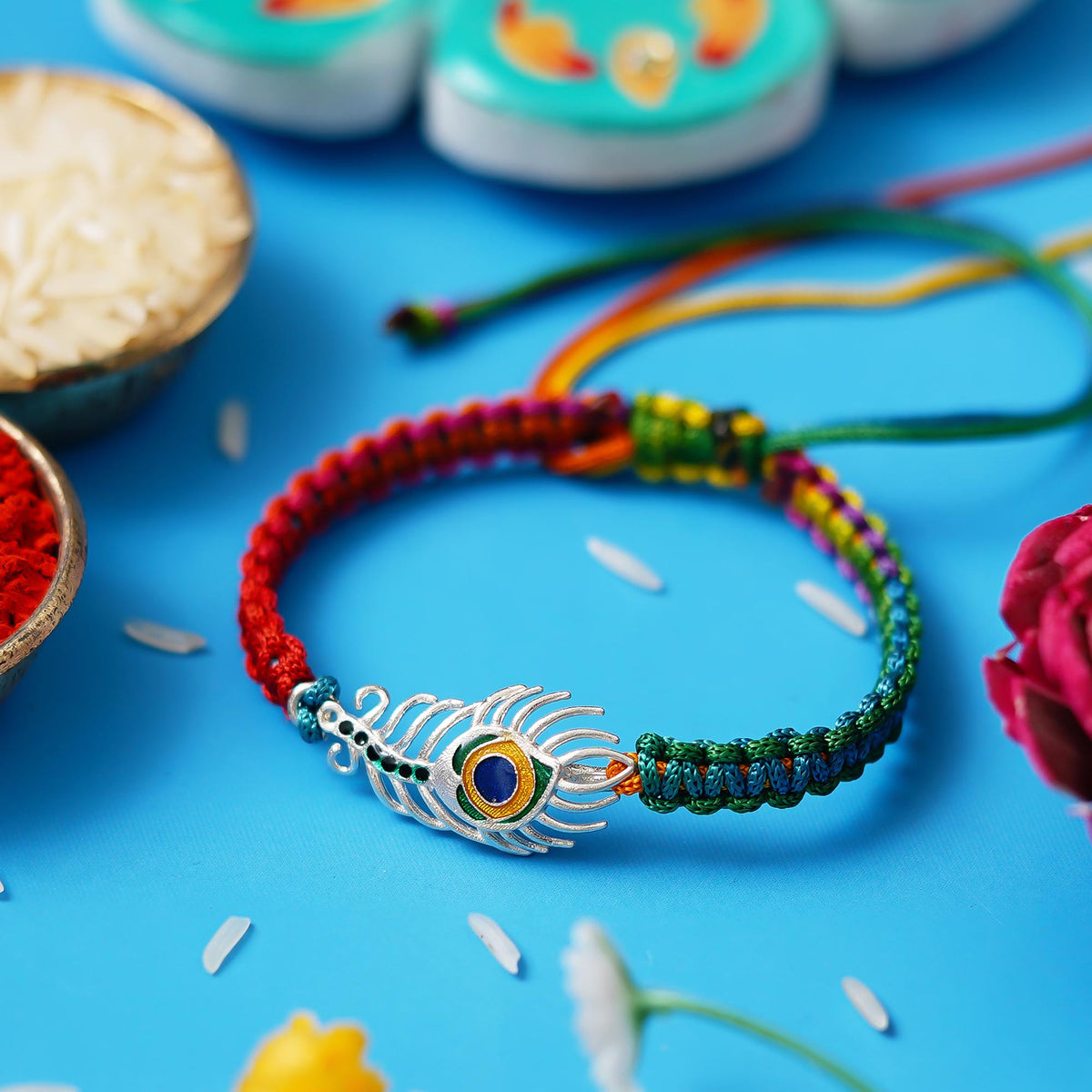 Morpankh Peacock Feather Krishna 925 Sterling Silver Bracelet Rakhi fo ...