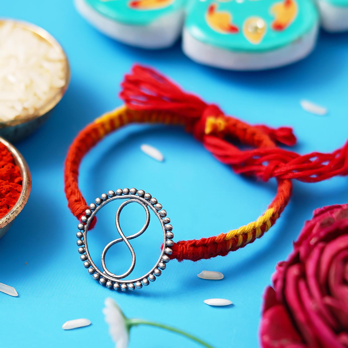 Round Shaped Infinity 925 Sterling Silver Rakhi for Brother with Roli ...