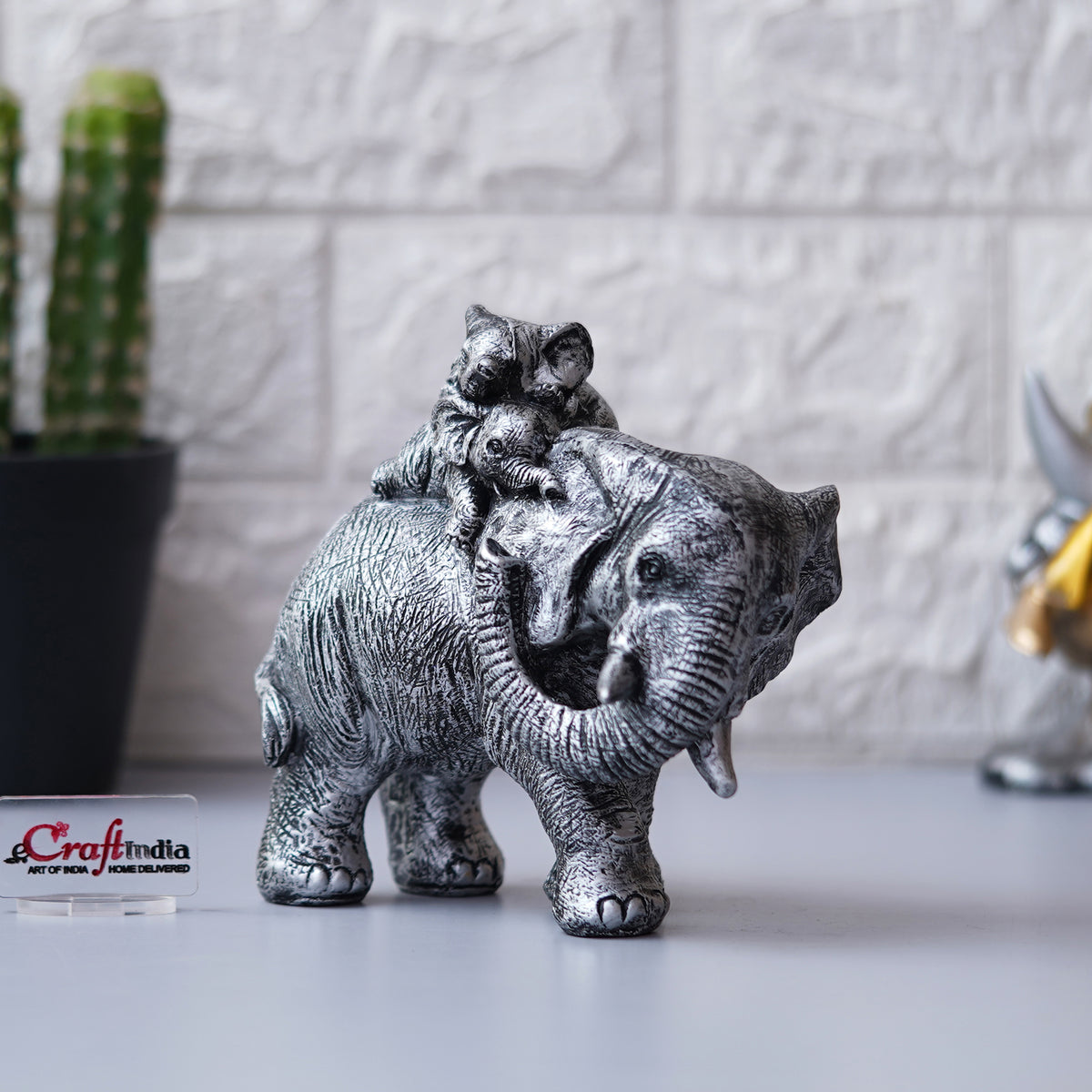 Polyresin Elephant Statue with Baby Elephant on his Back Decorative Sh ...