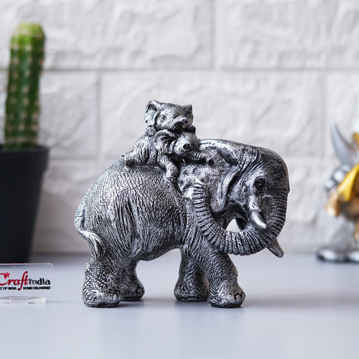 Polyresin Elephant Statue with Baby Elephant on his Back Decorative Sh ...