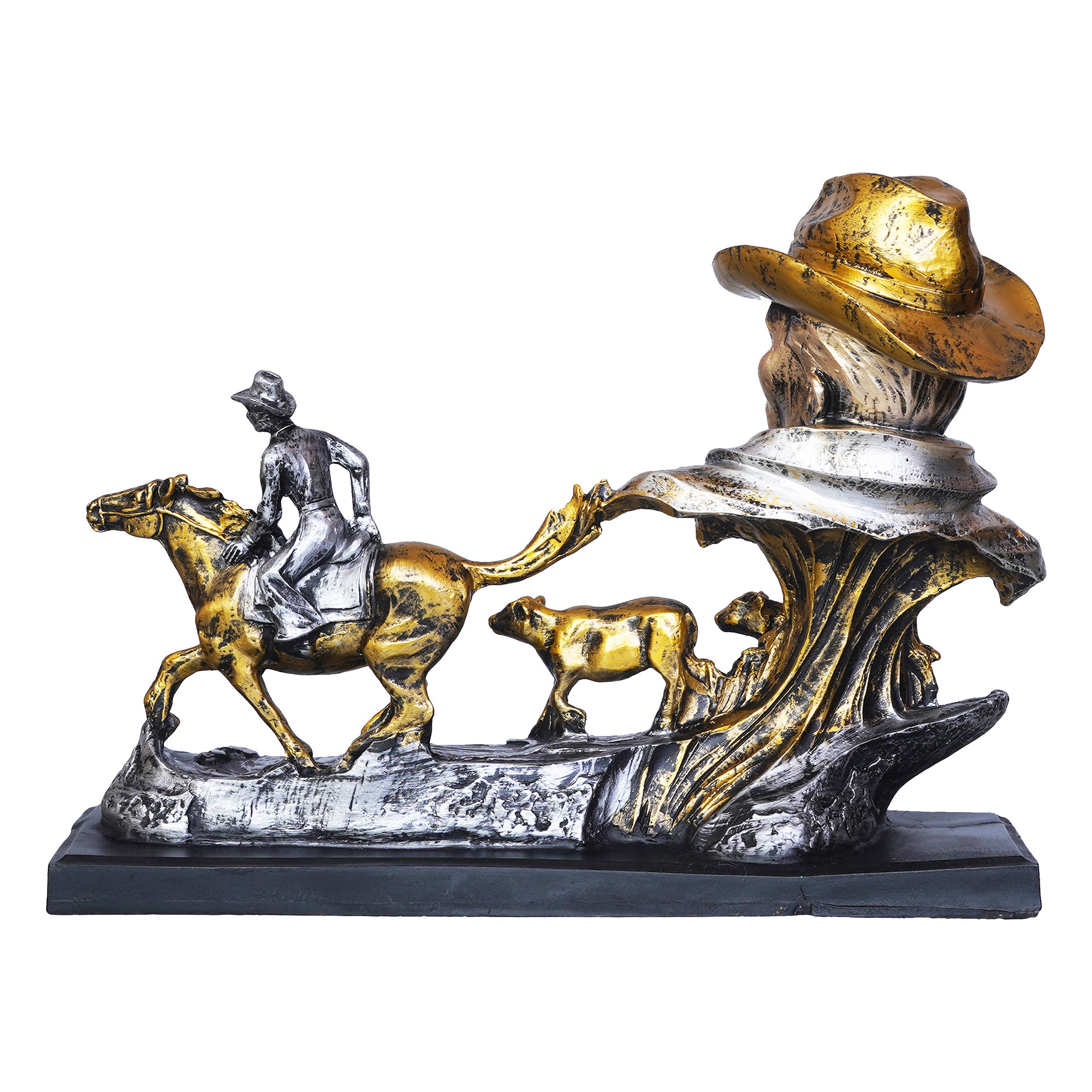 Antique Cowboys Face with Boy Sitting on Running Horse & Cow Statues D ...