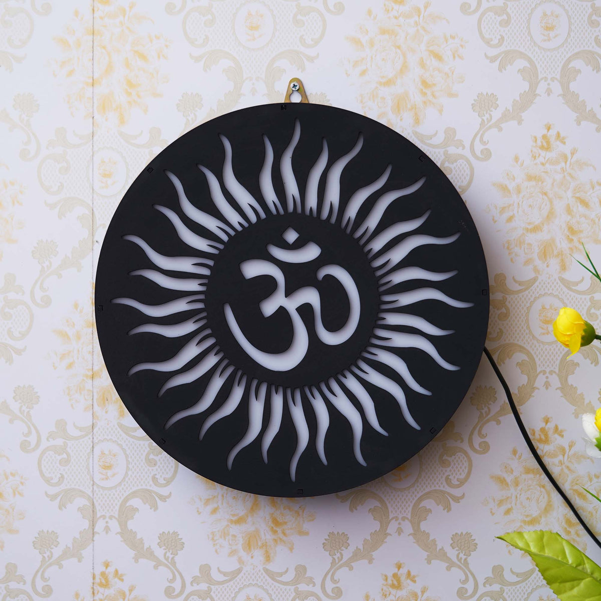 Sun and Om Symbol Wooden Cutout LED Light Lamp Decorative Wall Hanging ...