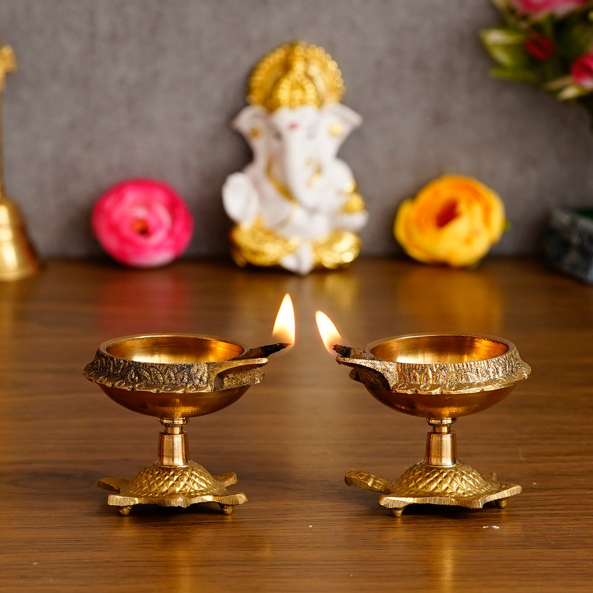 Set of 2 Brass Diya with Tortoise Base - eCraftIndia Online