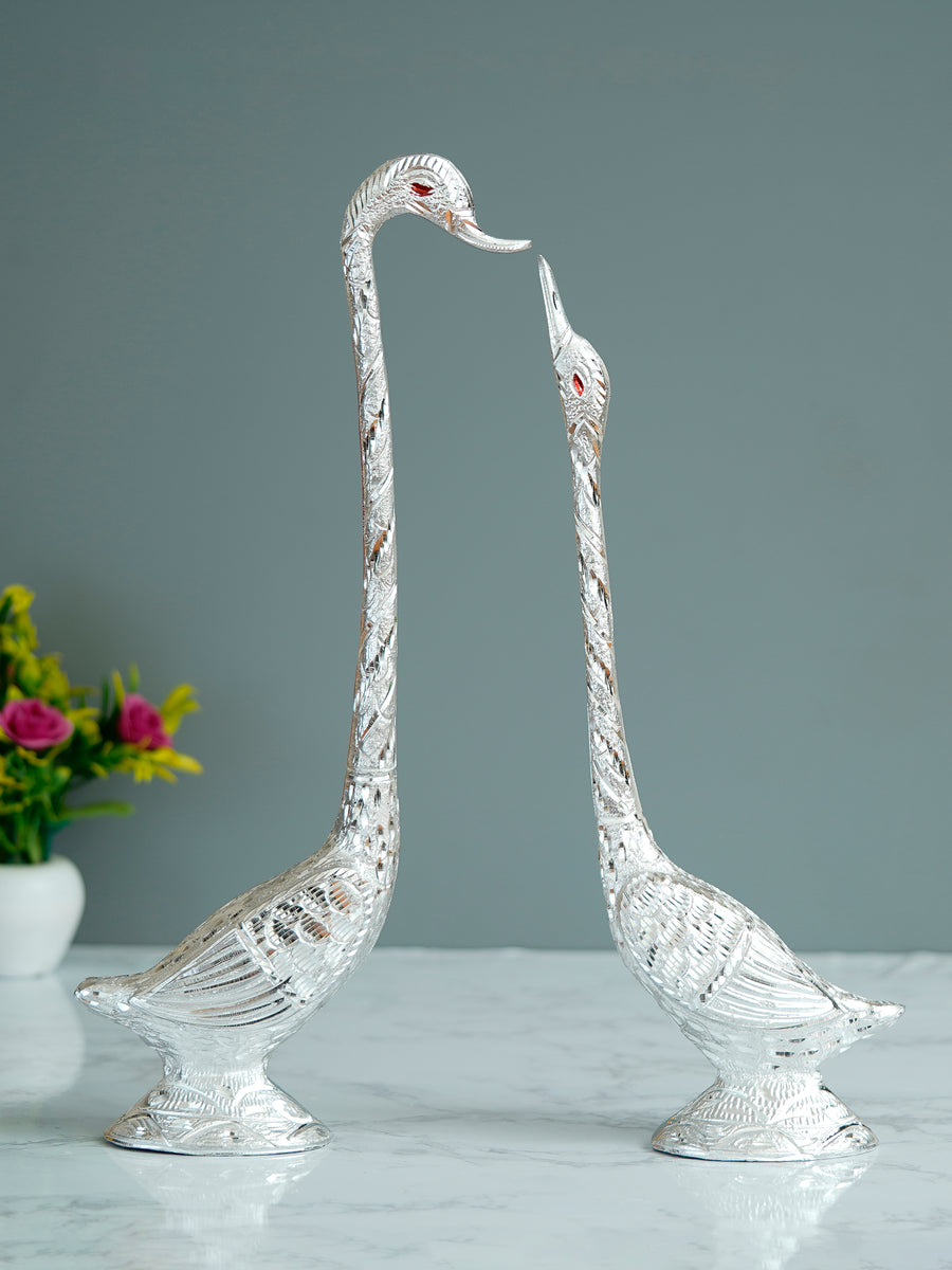 16.5 Inch Silver Kissing Swan Couple Handcrafted Decorative Figurine ...