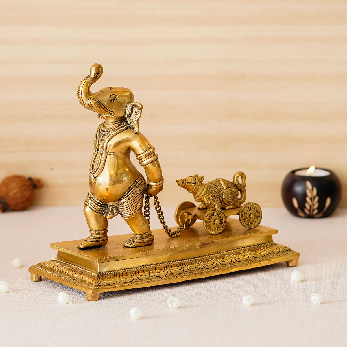 Lord Ganesha Carrying Mushak Cart with Chain Brass Handcrafted Figurine ...
