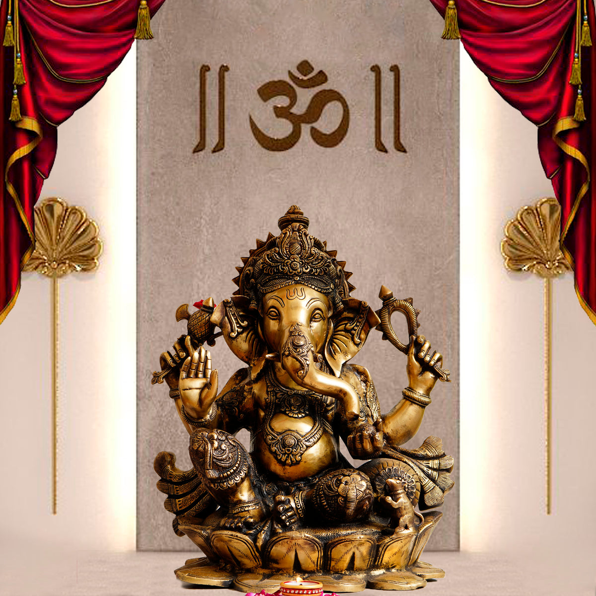 Lord Ganesha with Mukhut on Lotus Base Antique Look Handcrafted Premium ...