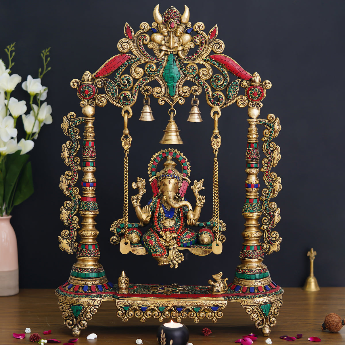 Lord Ganesha on a Decorated Swing Handcrafted Brass Idol with Stone ...