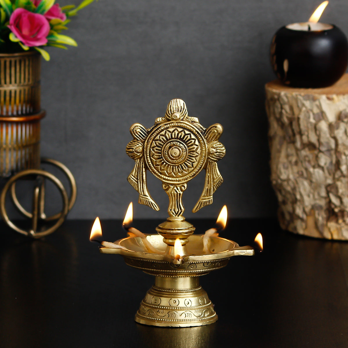 Chakra Handcrafted Brass Diya with 5 wicks - eCraftIndia Online
