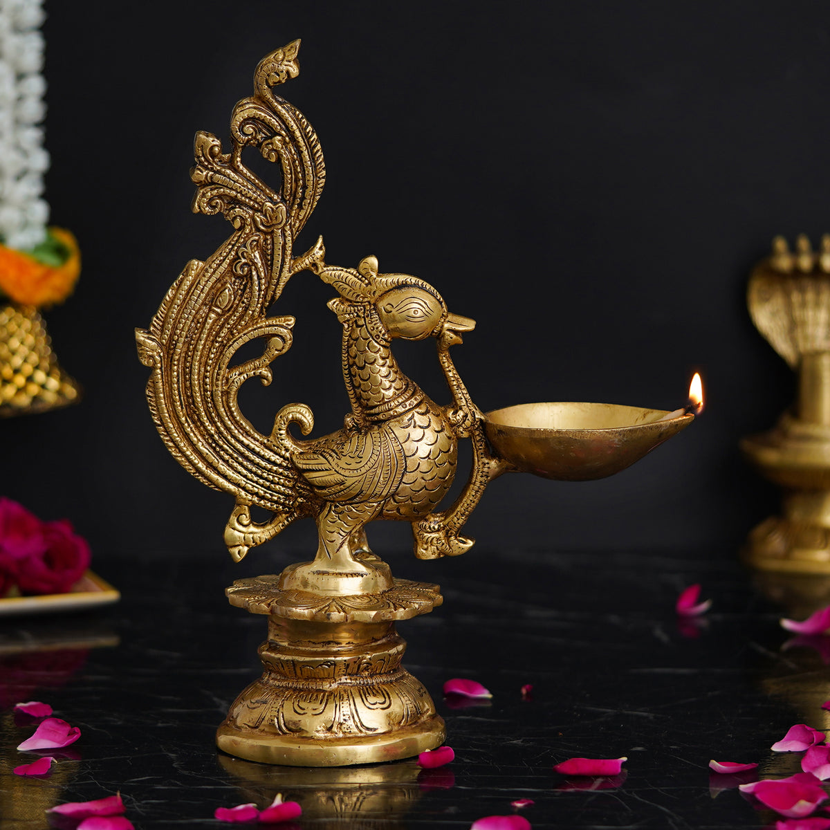 Golden Decorative Handcrafted Peacock Brass Showpiece with Diya Stand ...