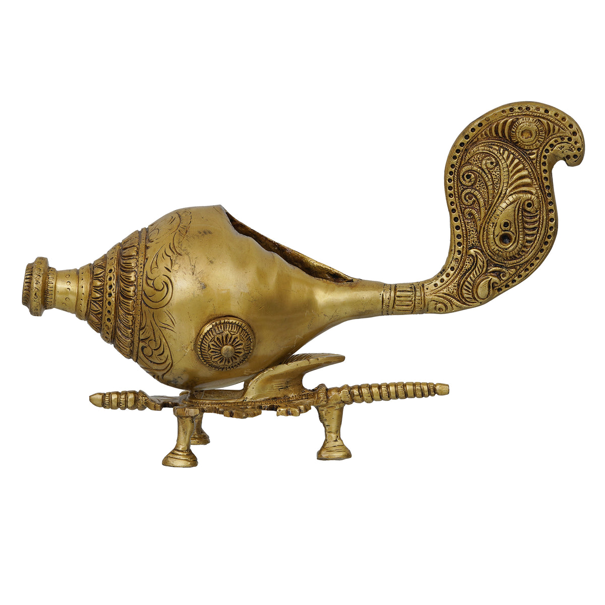 Golden Shankh (Conch) with a Stand Decorative Handcrafted Brass Showpi ...