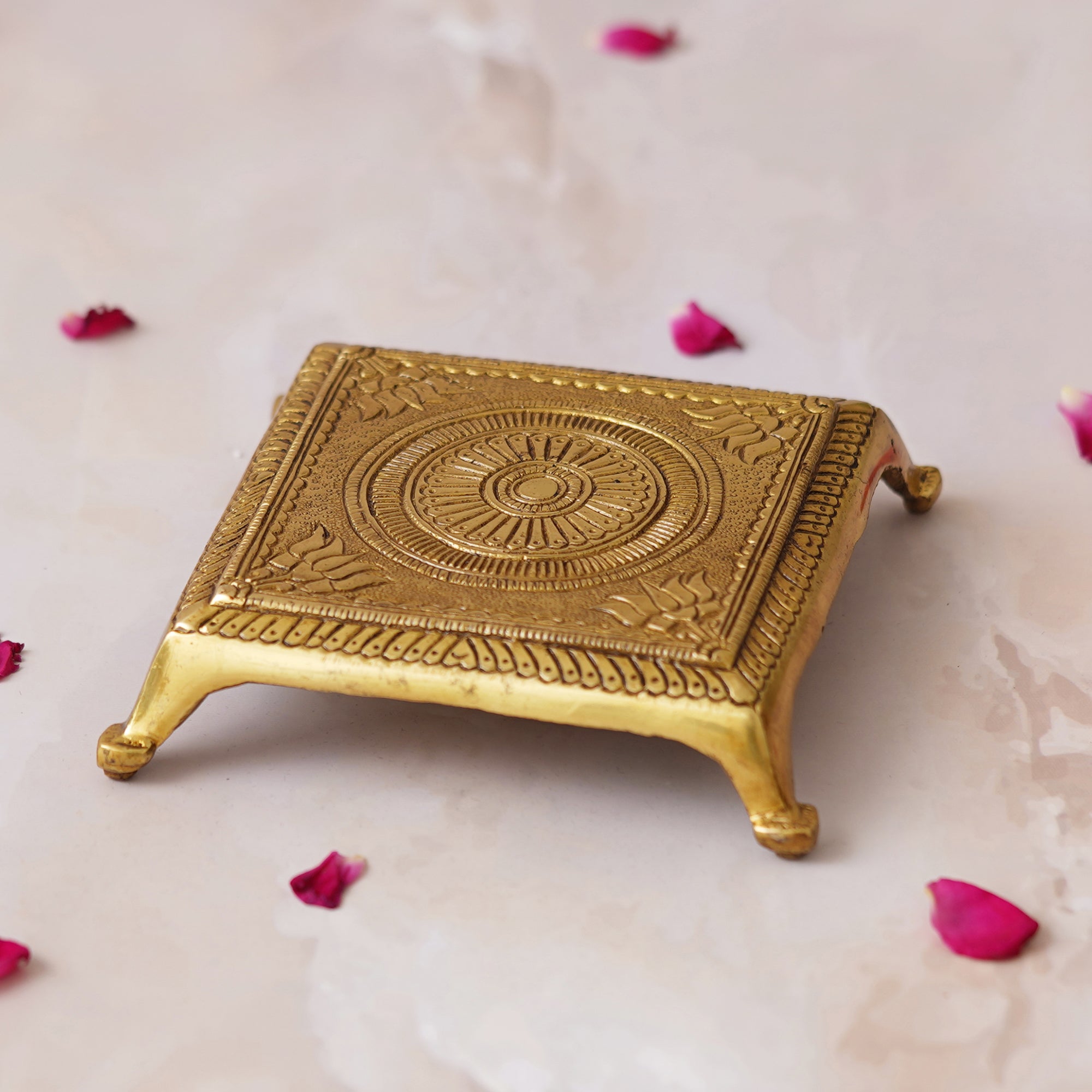 eCraftIndia Golden Square Traditional Lotus Flowers Engraved Brass Poo