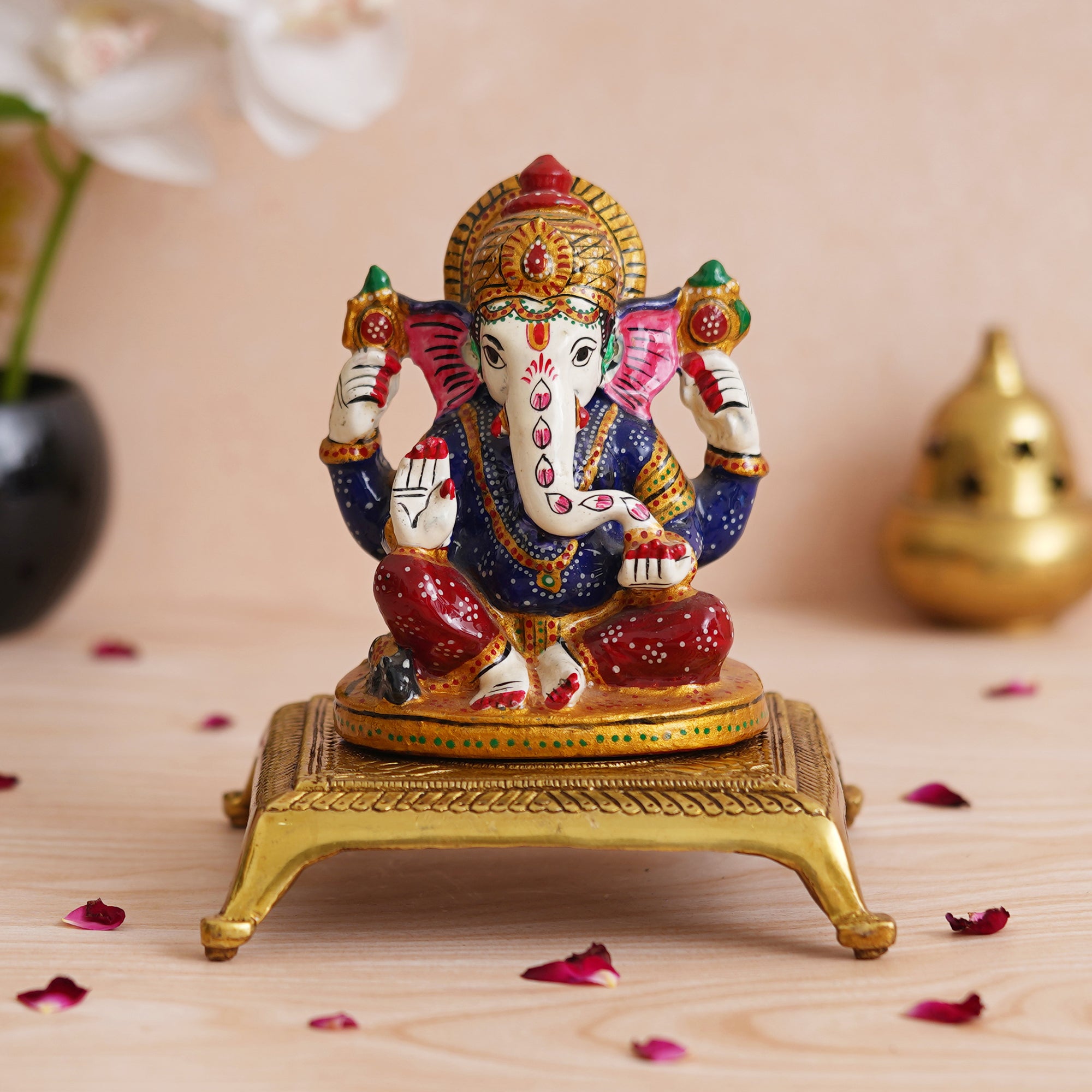 eCraftIndia Golden Square Traditional Lotus Flowers Engraved Brass Poo