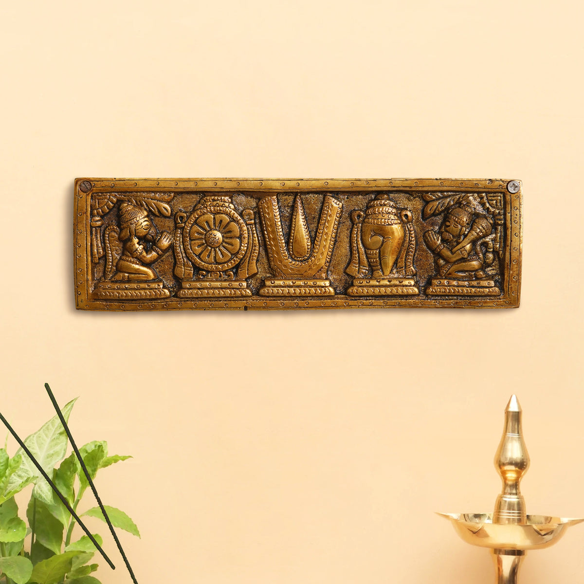 eCraftIndia Golden Brass Tirupati Balaji Symbol Shankh Chakra Tilak Wi