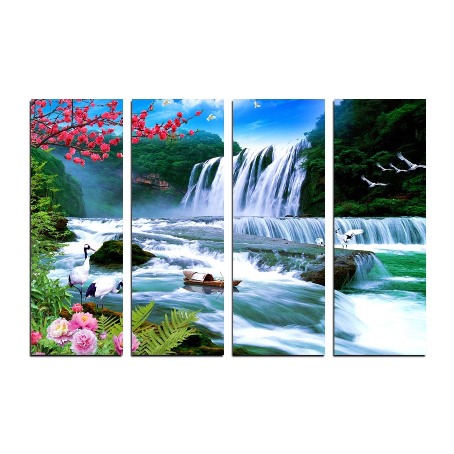 4 Panel Waterfall Scenic View Premium Canvas Painting - eCraftIndia Online