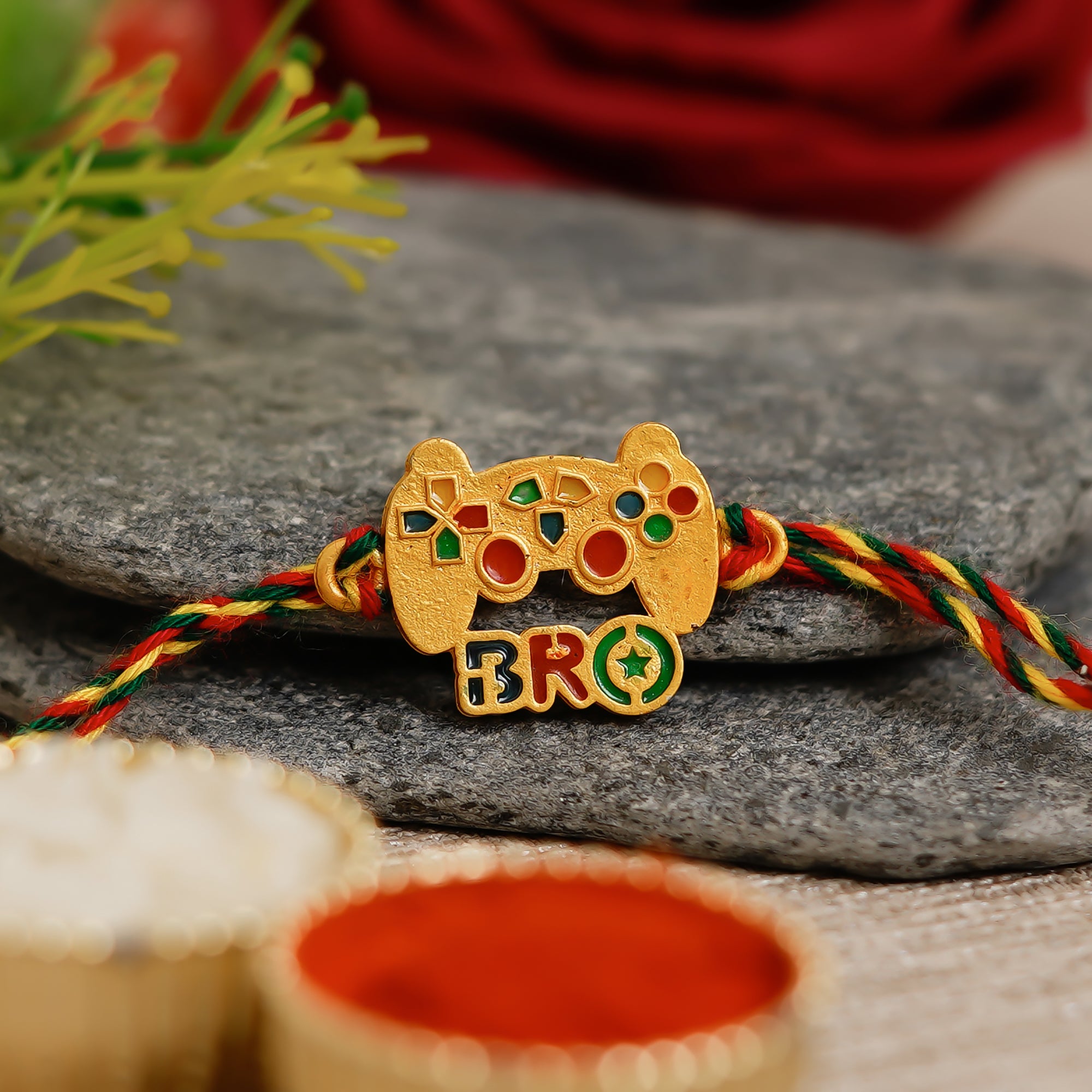 Golden Fancy Bro Rakhi and Roli Chawal Pack - eCraftIndia Online
