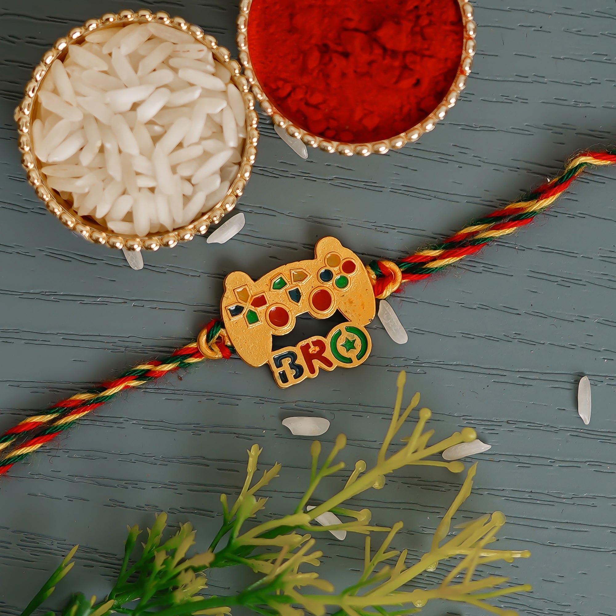 Golden Fancy Bro Rakhi and Roli Chawal Pack - eCraftIndia Online