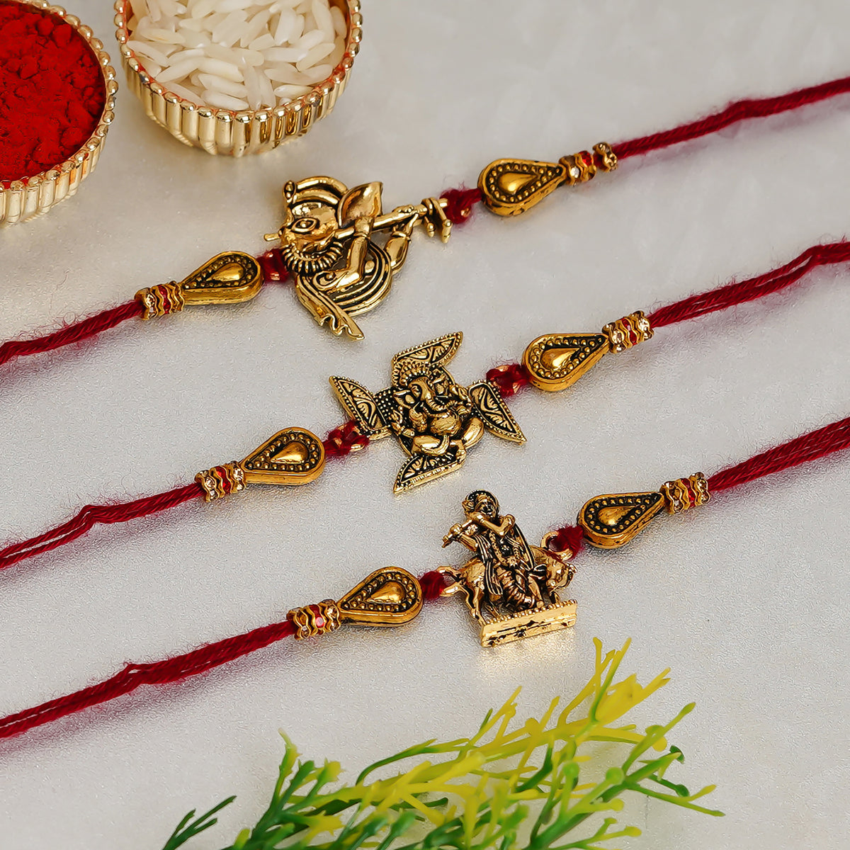 Red & Golden Pack of 3 Religious Rakhis and Roli Chawal Pack ...