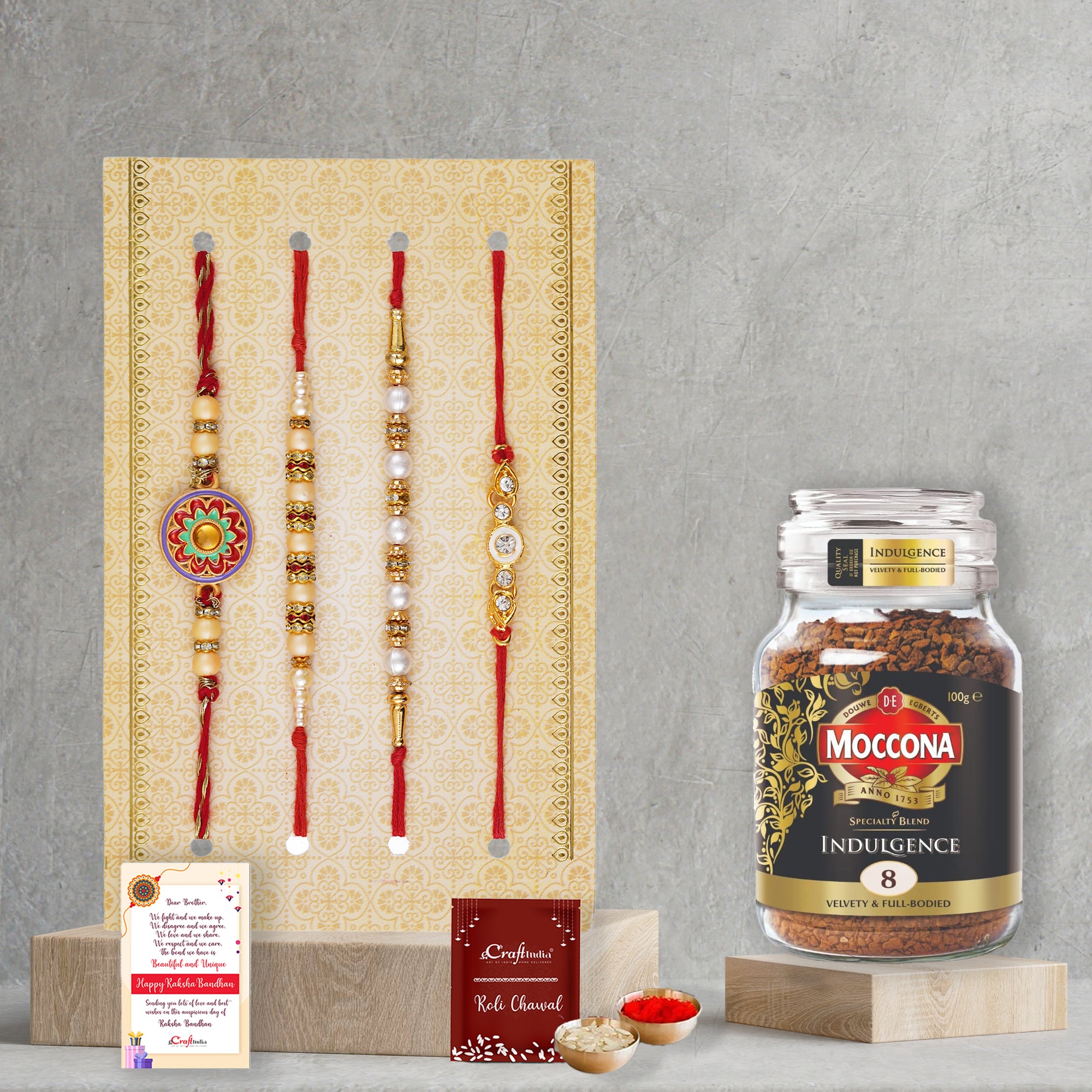 Set of 4 Designer Pearl Rakhis, Moccona Premium Speciality Blend Indul ...