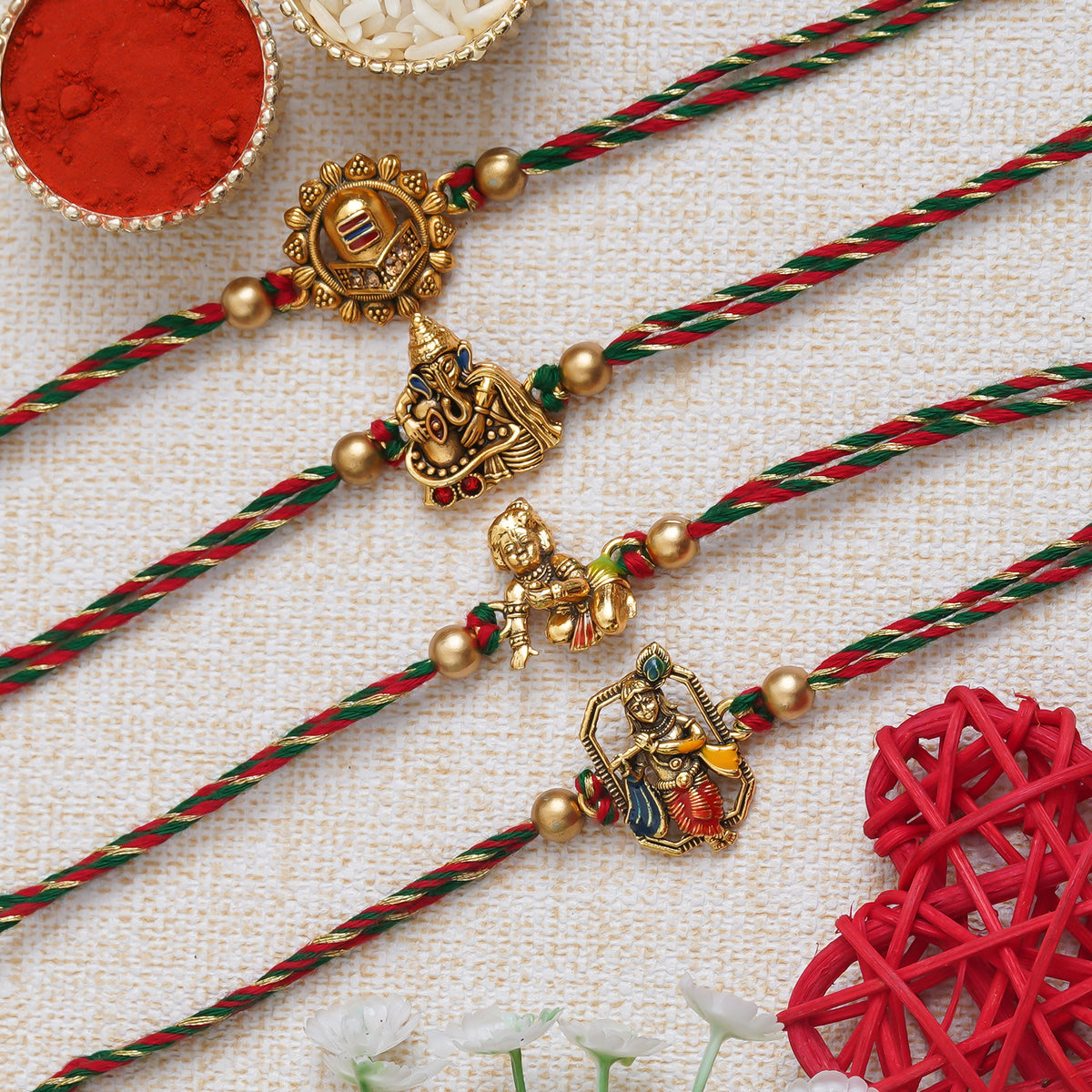 eCraftIndia Set of 4 Golden Laddu Gopal, Lord Krishna Playing Flute, L