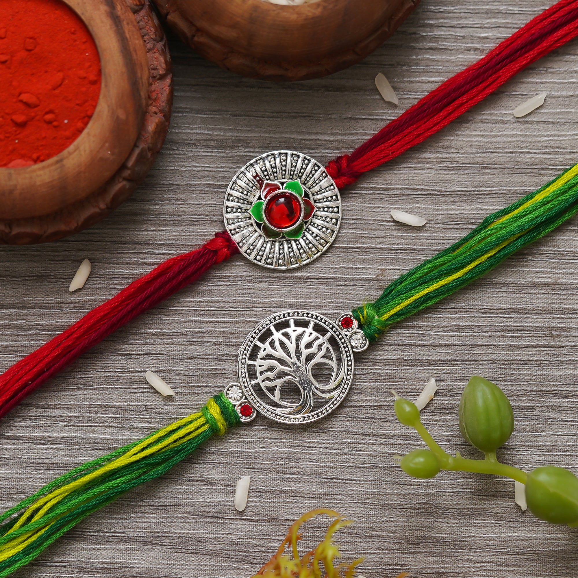 eCraftIndia Set of 2 Silver Flower and Tree Designer Rakhis with Red,