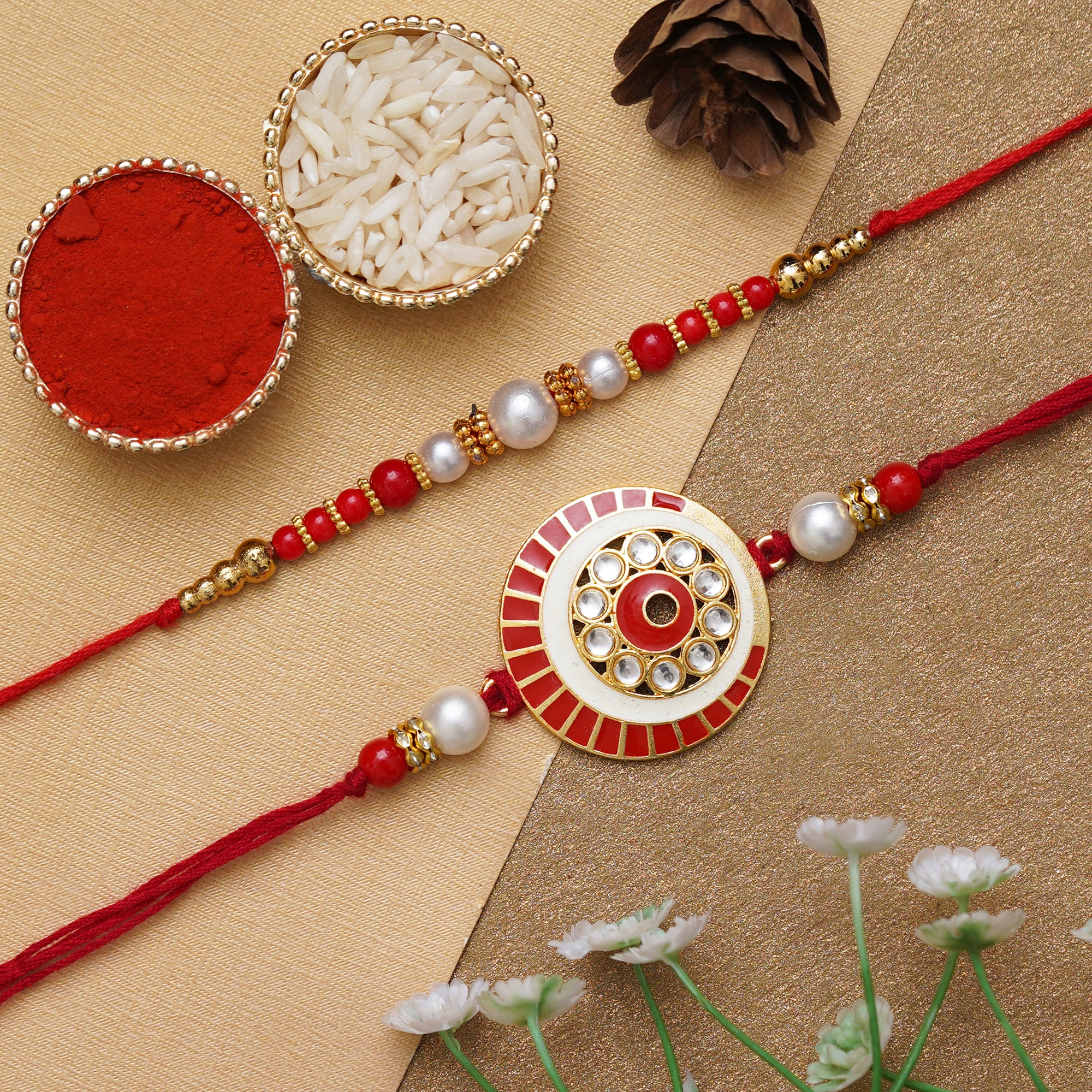 eCraftIndia Set of 2 Diamonds and Pearls Designer Rakhis with Roli Cha