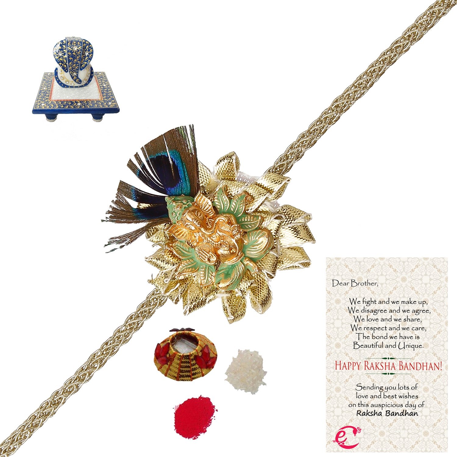 Designer Ganesha Mor Pankh Rakhi with Lord Ganesha Marble Chowki and ...