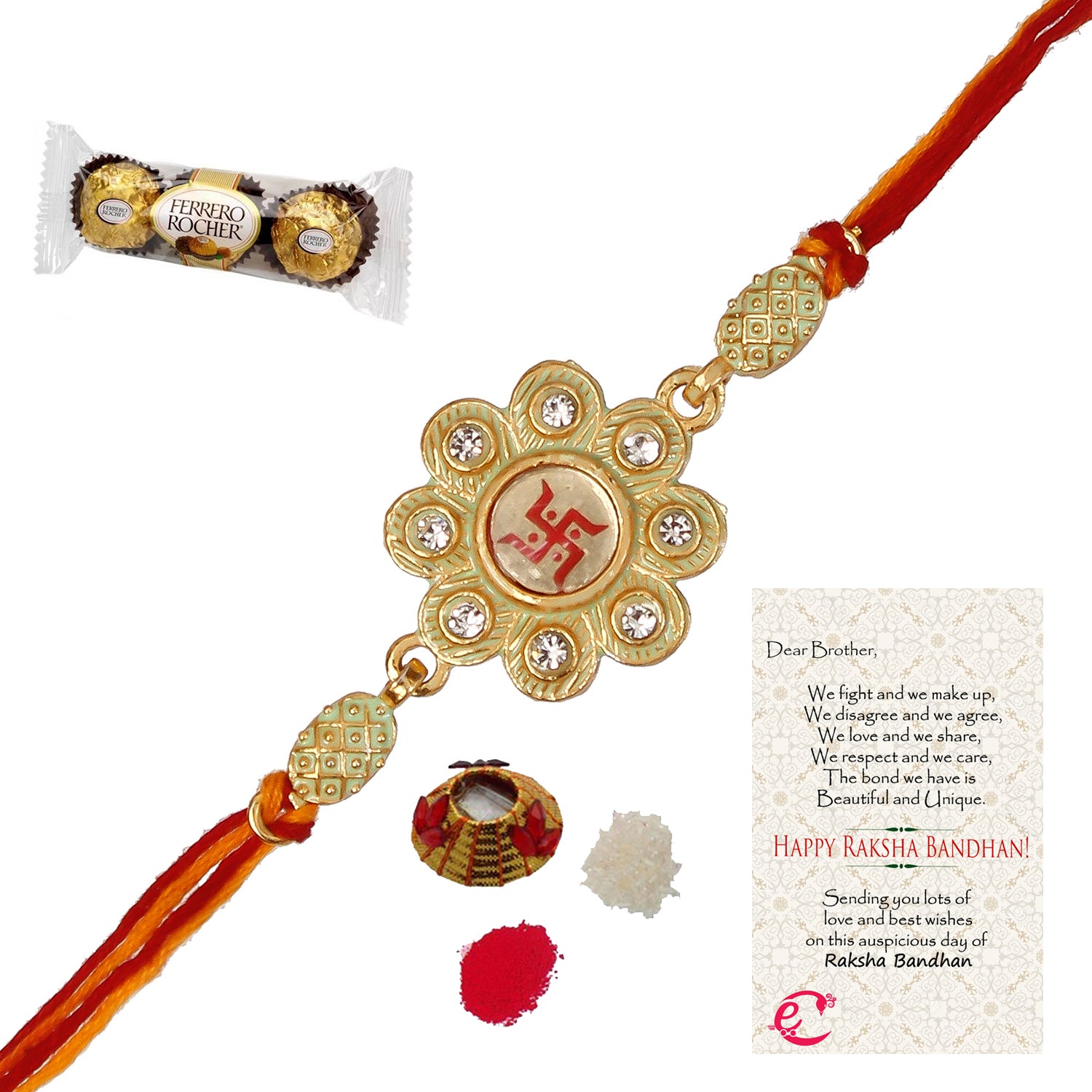 Designer Religious Swastik Rakhi with Ferrero Rocher (3 pcs) and Roli ...