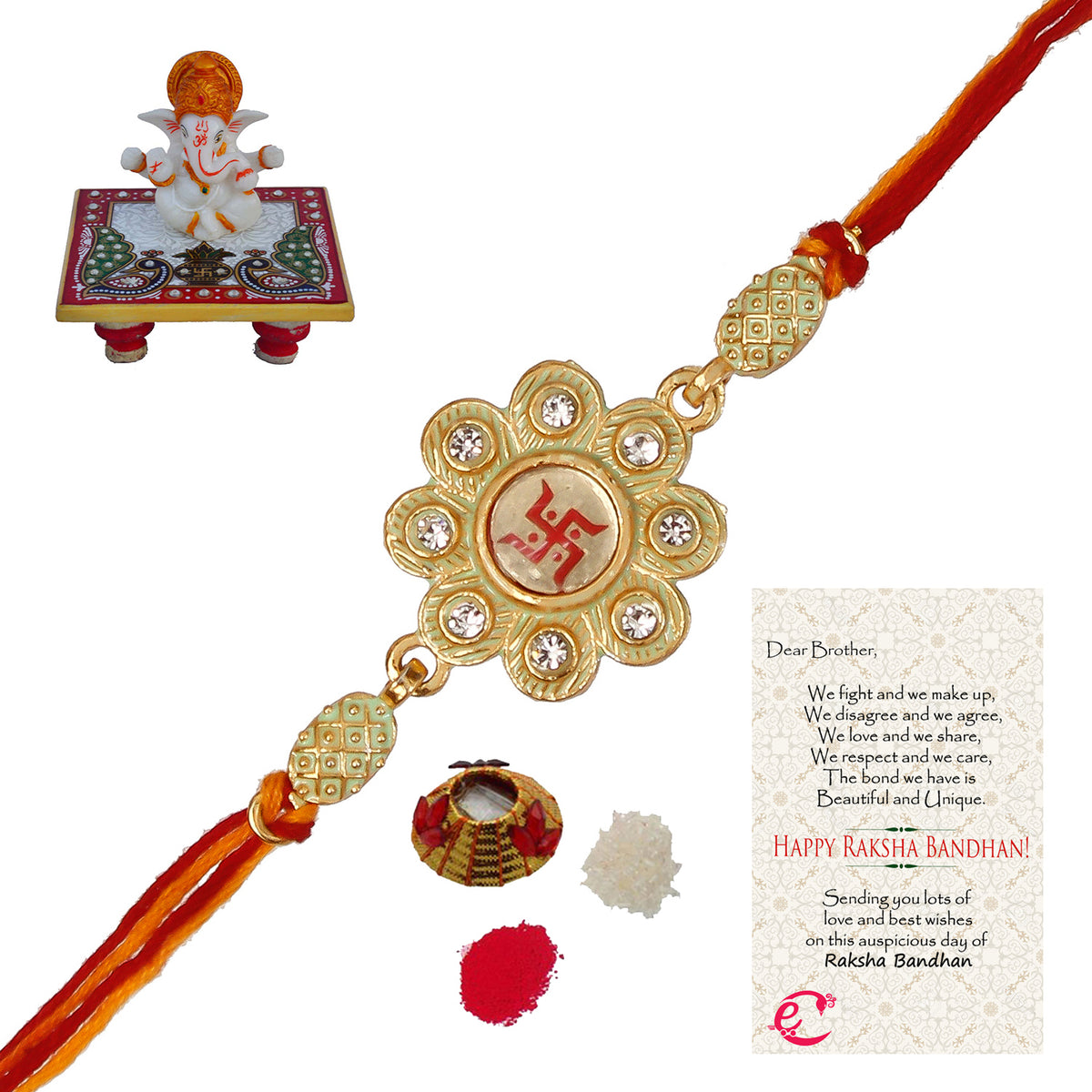 Designer Religious Swastik Rakhi with Lord Ganesha Marble Chowki and ...