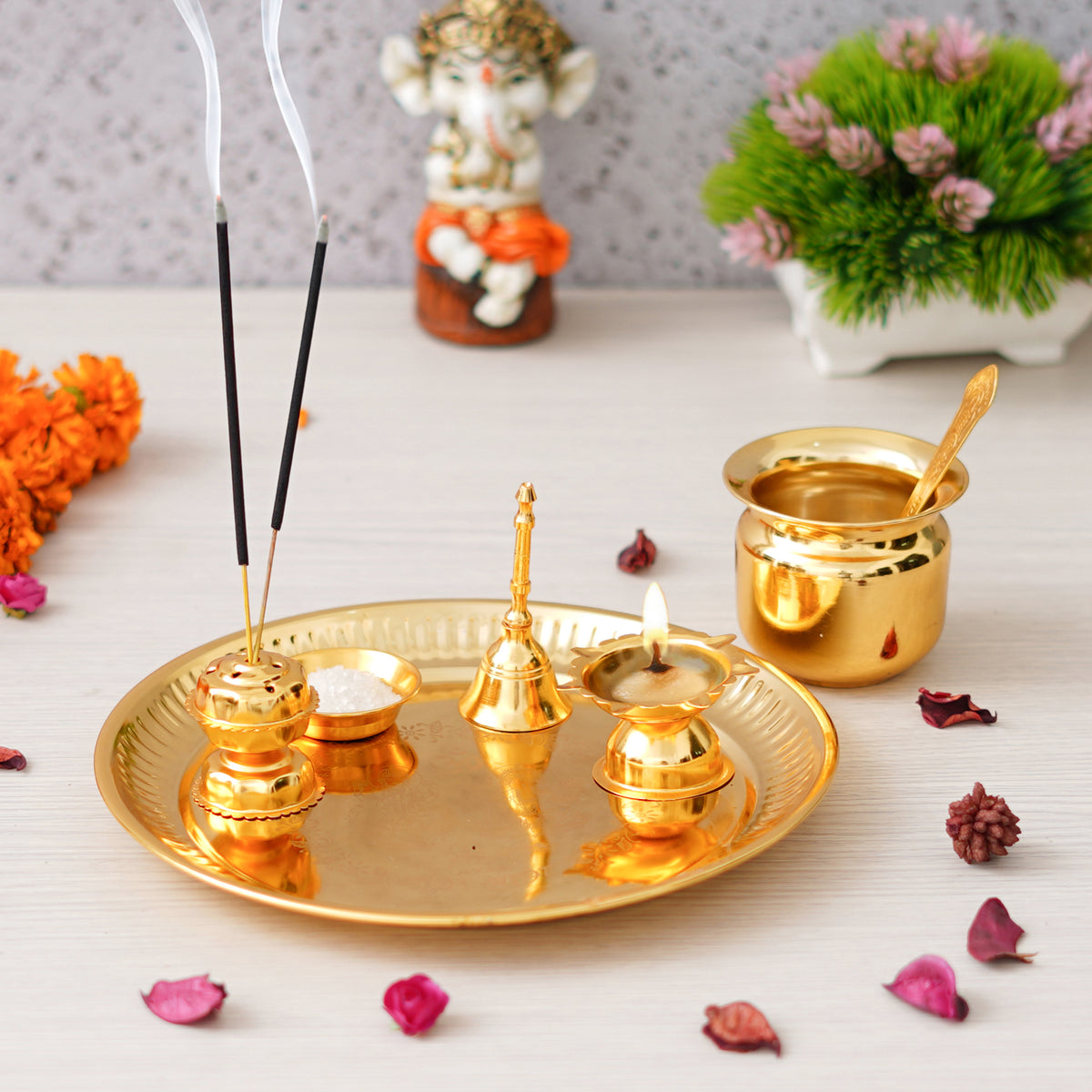 eCraftIndia Golden Pooja Thali Set With Diya, Ghanti, Kalash, Spoon, A