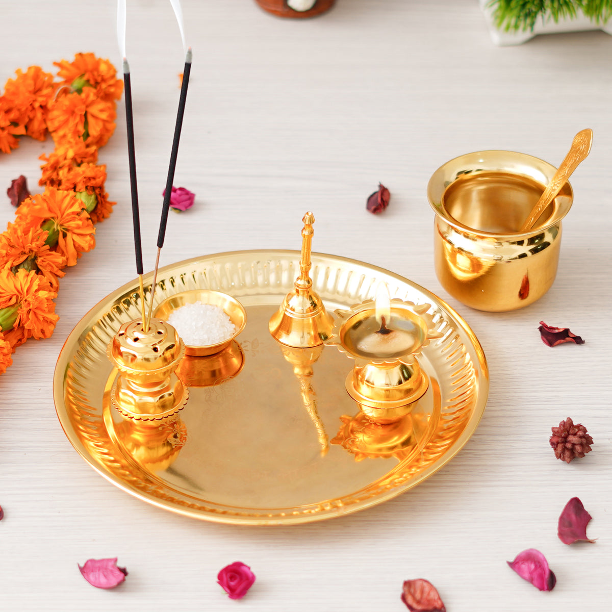 eCraftIndia Golden Pooja Thali Set With Diya, Ghanti, Kalash, Spoon, A