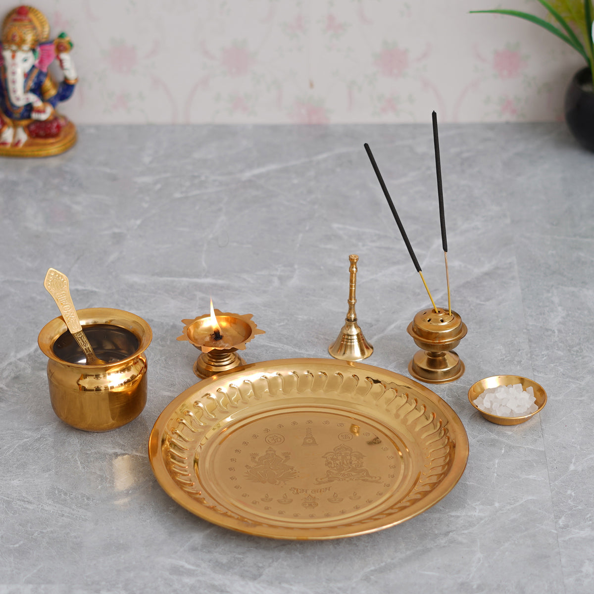 eCraftIndia Golden Metal Handcrafted Lakshmi Ganesha Design Pooja Thal
