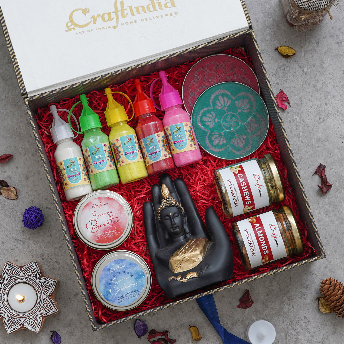 eCraftIndia The Positivity Hamper - 5 Rangoli Bottles, 2 Rangoli Stenc