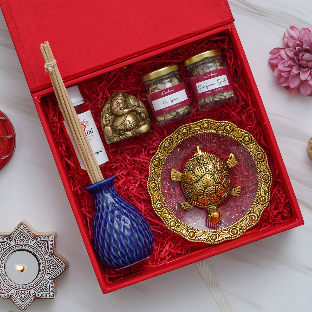 eCraftIndia The Feng Shui Gift Box - Brass Ganesha Idol, Set of 2 Jars