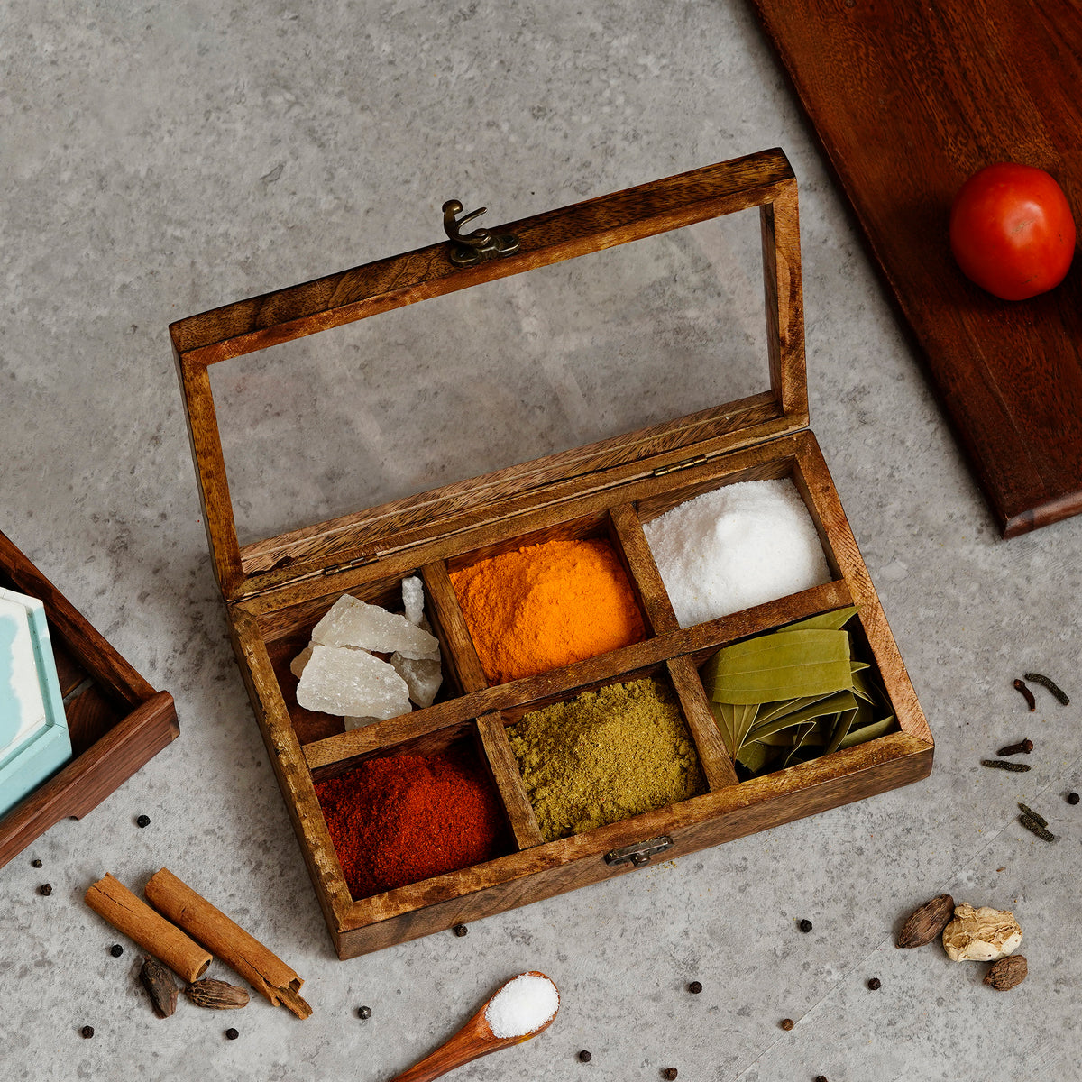 6 Rectangle Compartments Handcrafted Wooden Spice Box - eCraftIndia Online