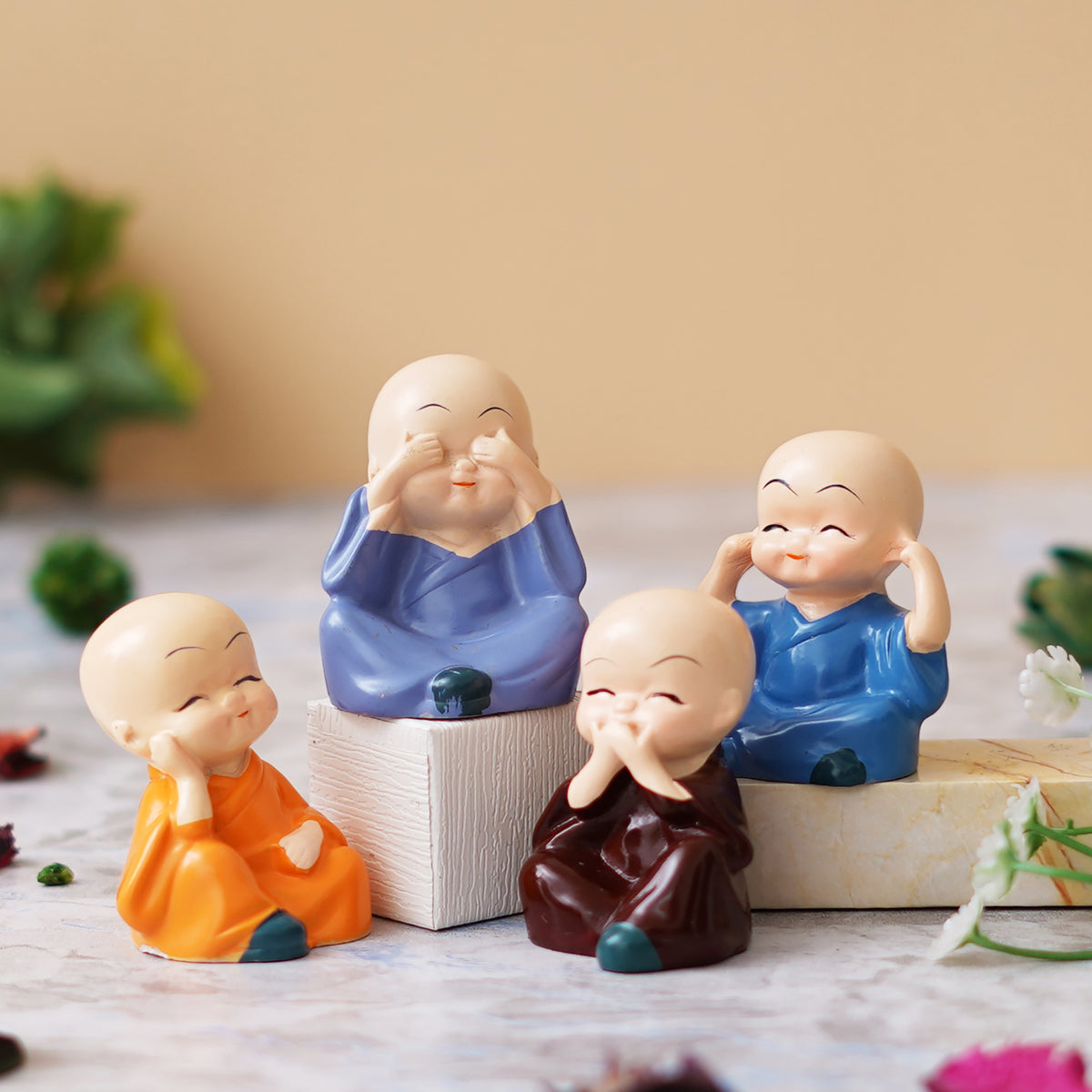 eCraftIndia Set Of 4 Cute Little Monk Buddha Statues Decorative Showpi