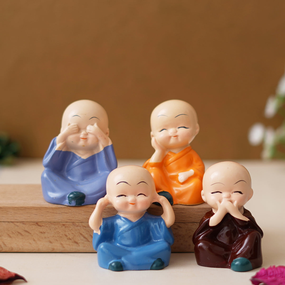 eCraftIndia Set Of 4 Cute Little Monk Buddha Statues Decorative Showpi