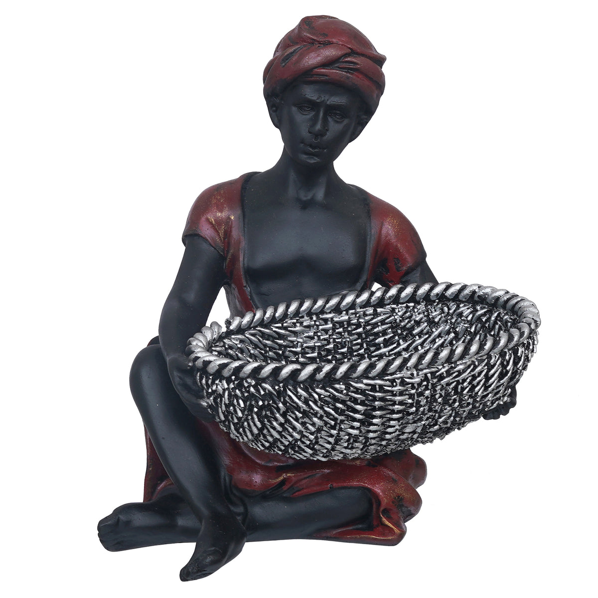 eCraftIndia Red Black Polyresin Sitting Man Statue Carrying Basket in