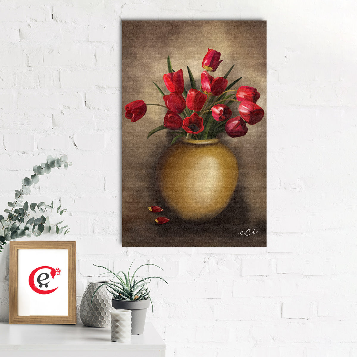 Beautiful Red Rose Flower Vase Original Design Canvas Printed Wall ...