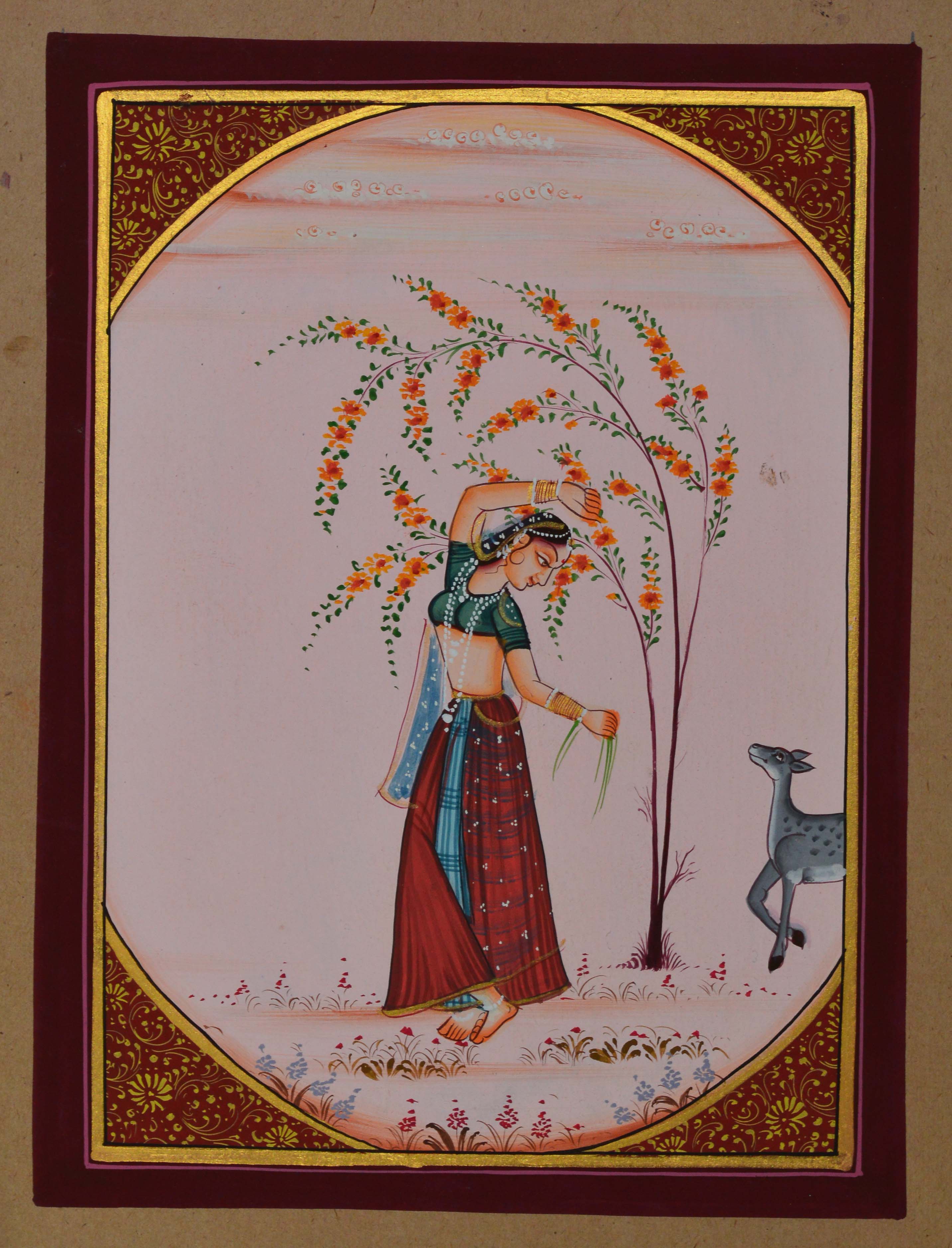 Ragini with Deer Original Art Paper Painting - eCraftIndia Online