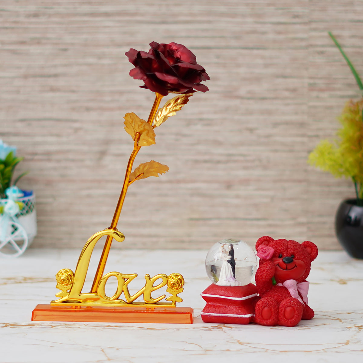 Valentine Combo of Love Golden Red Rose Table Decor Gift Set Showpiece ...