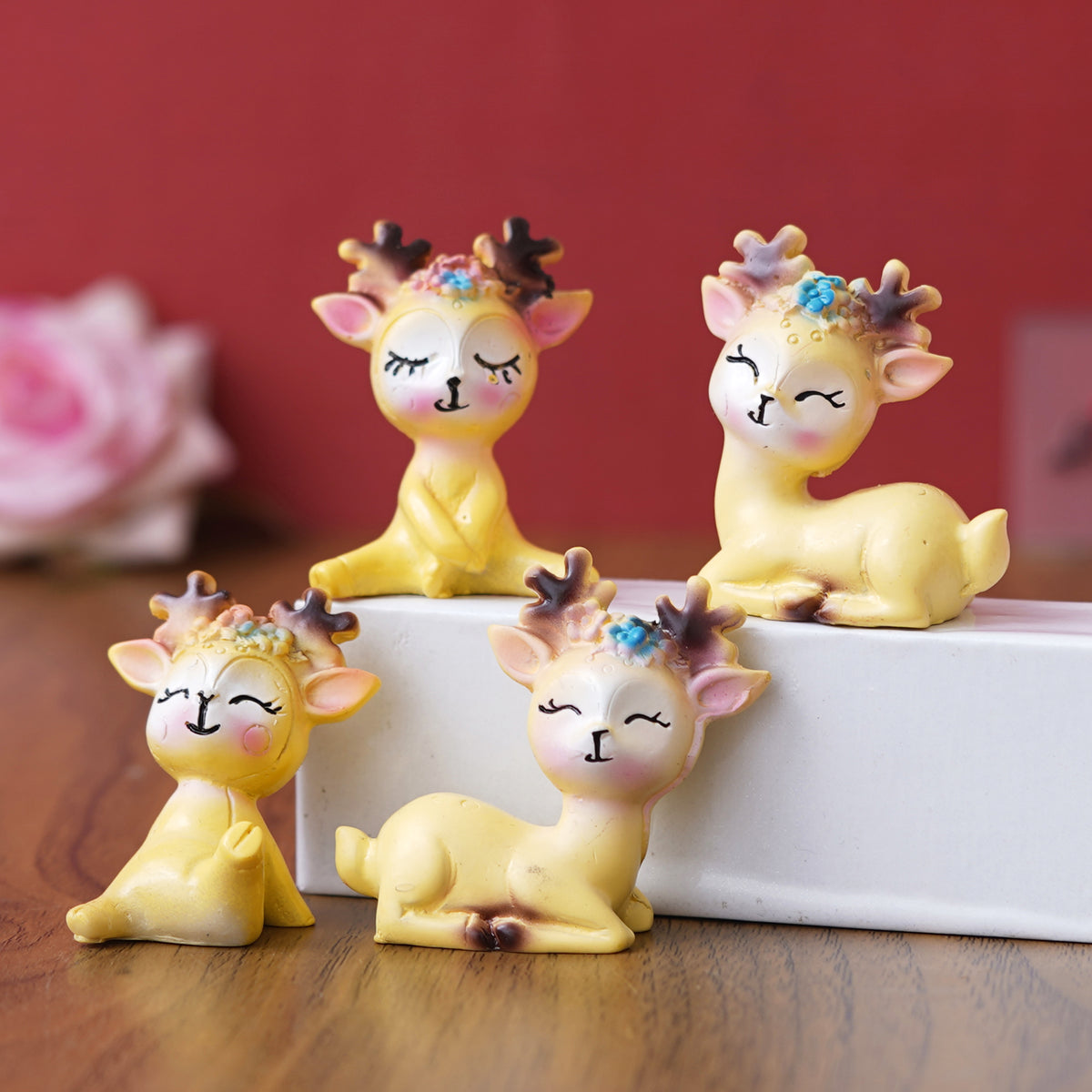 eCraftIndia Set of 4 Miniature Cute Yellow Deer Statues Animal Figurin