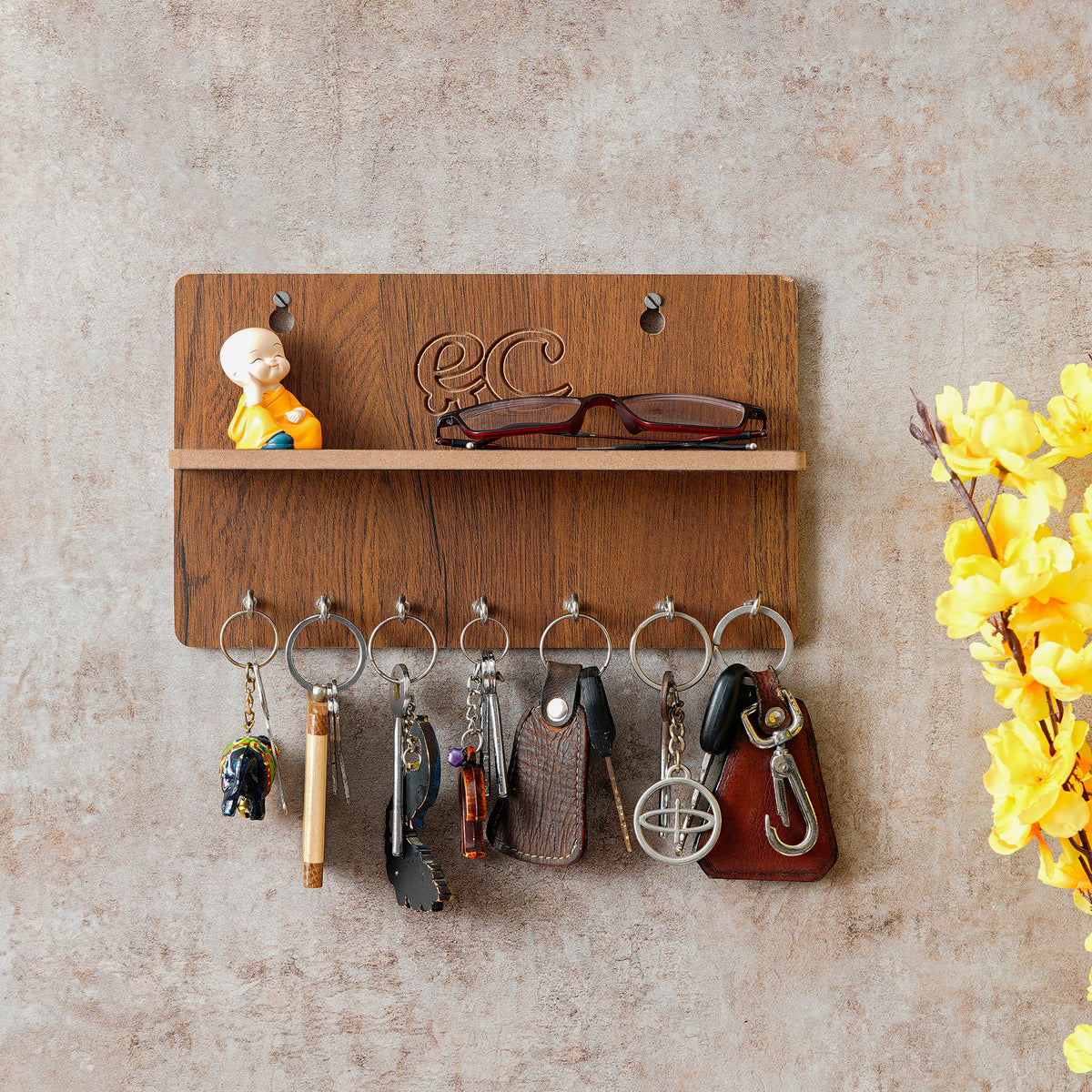 Multiutility 7 Hooks Wooden Keyholder with Shelf - eCraftIndia Online