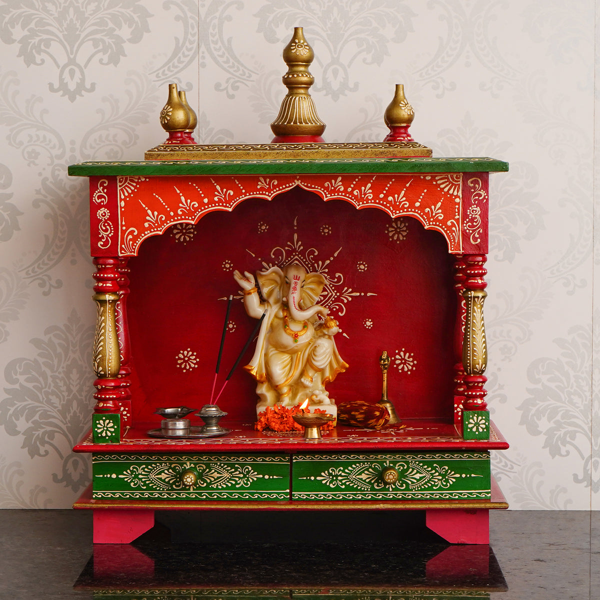 Red and Green Mango Wood Pooja Temple/Mandir with Storage Option ...