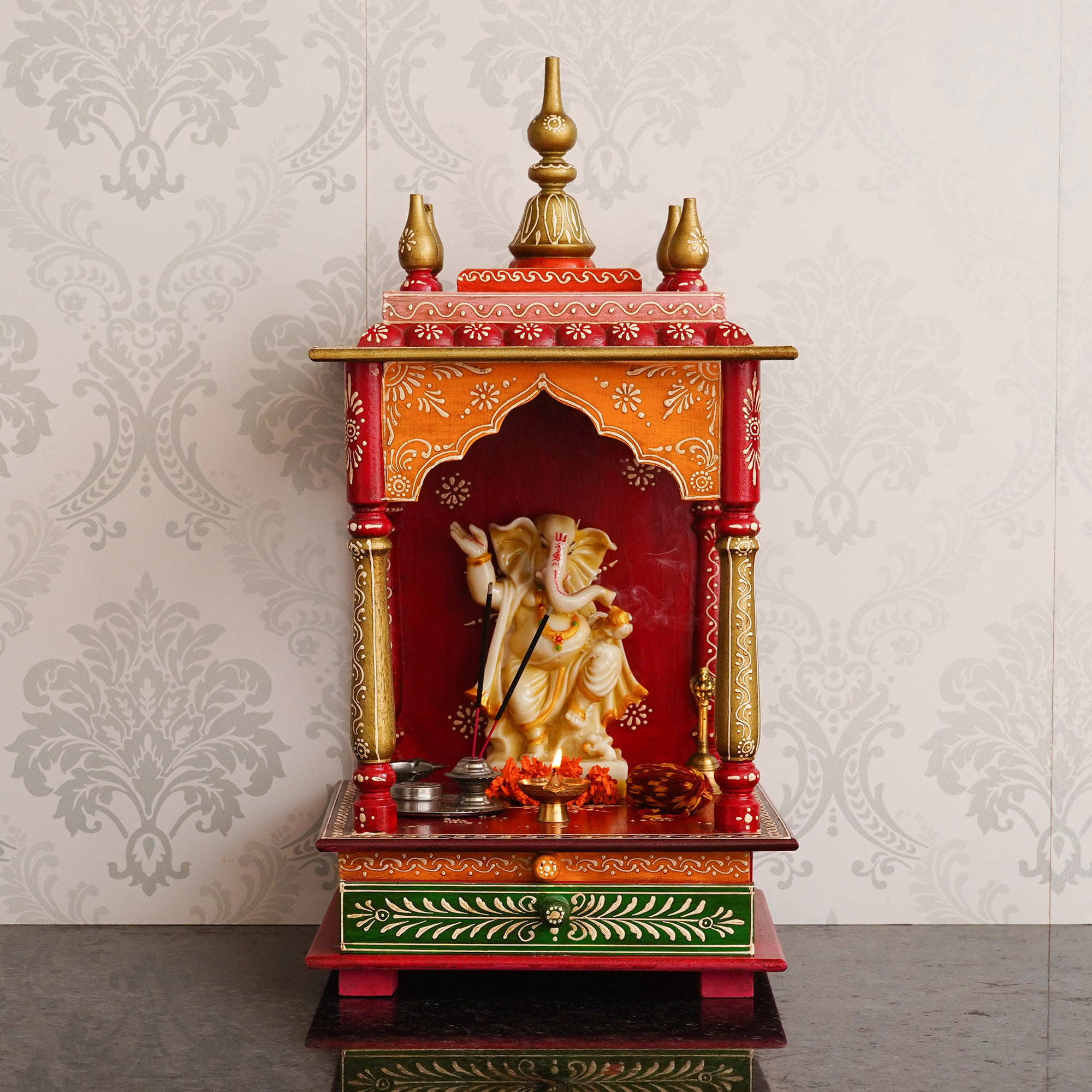 Red, Orange and Green Mango Wood Pooja Temple/Mandir with Storage ...