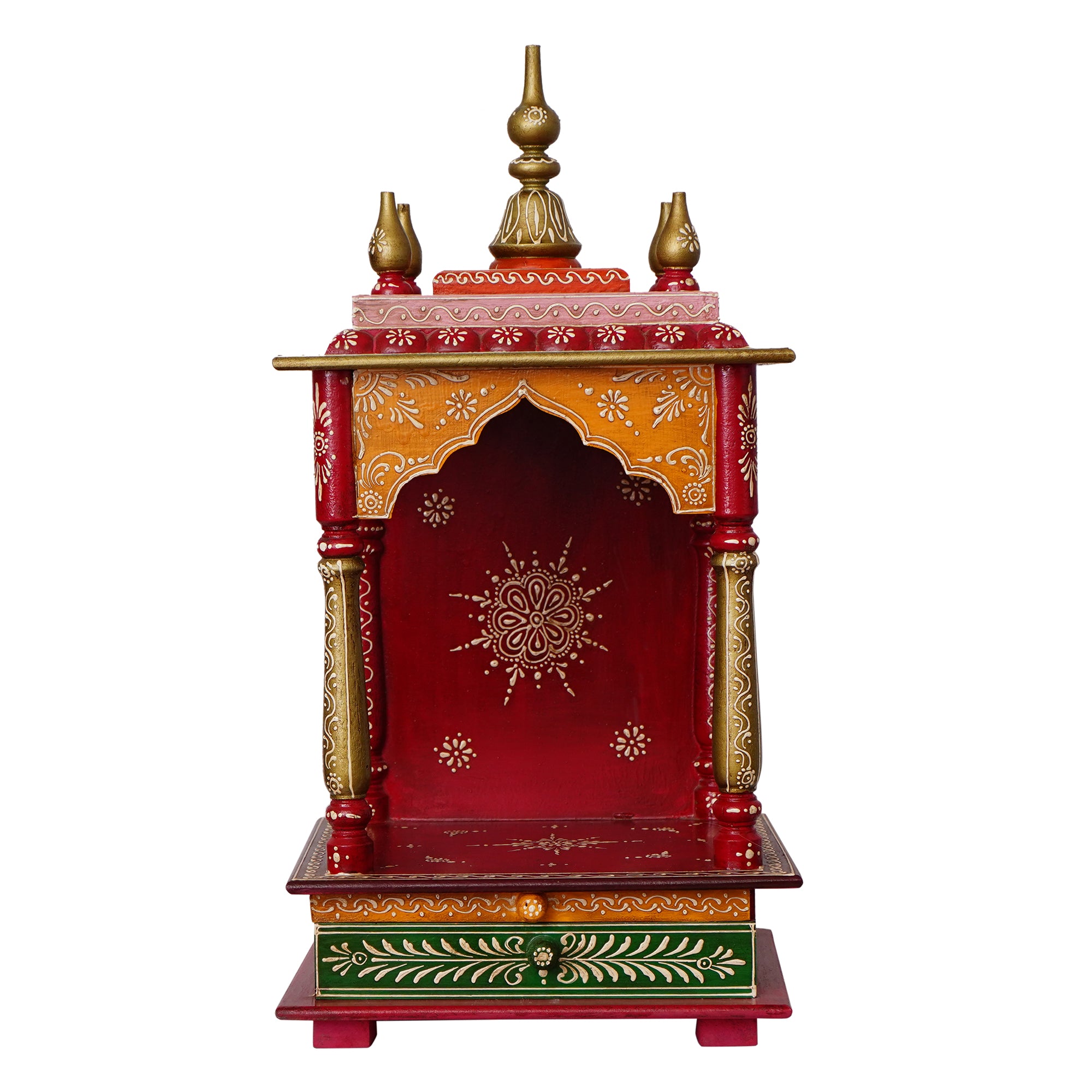 Red, Orange and Green Mango Wood Pooja Temple/Mandir with Storage ...
