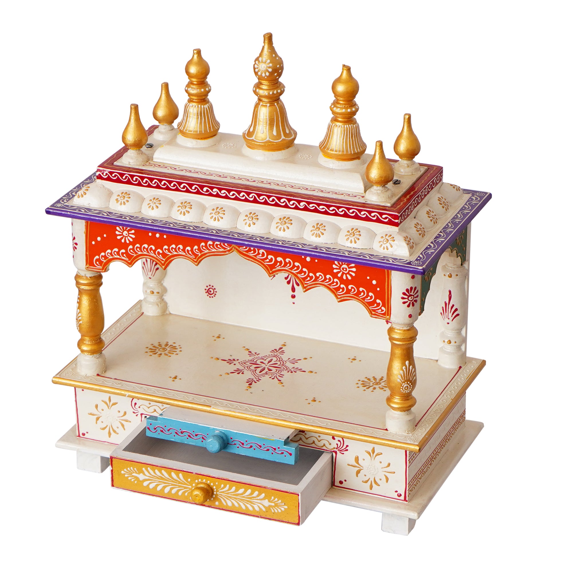 White and Orange Mango Wood Pooja Temple/Mandir with Storage Option ...